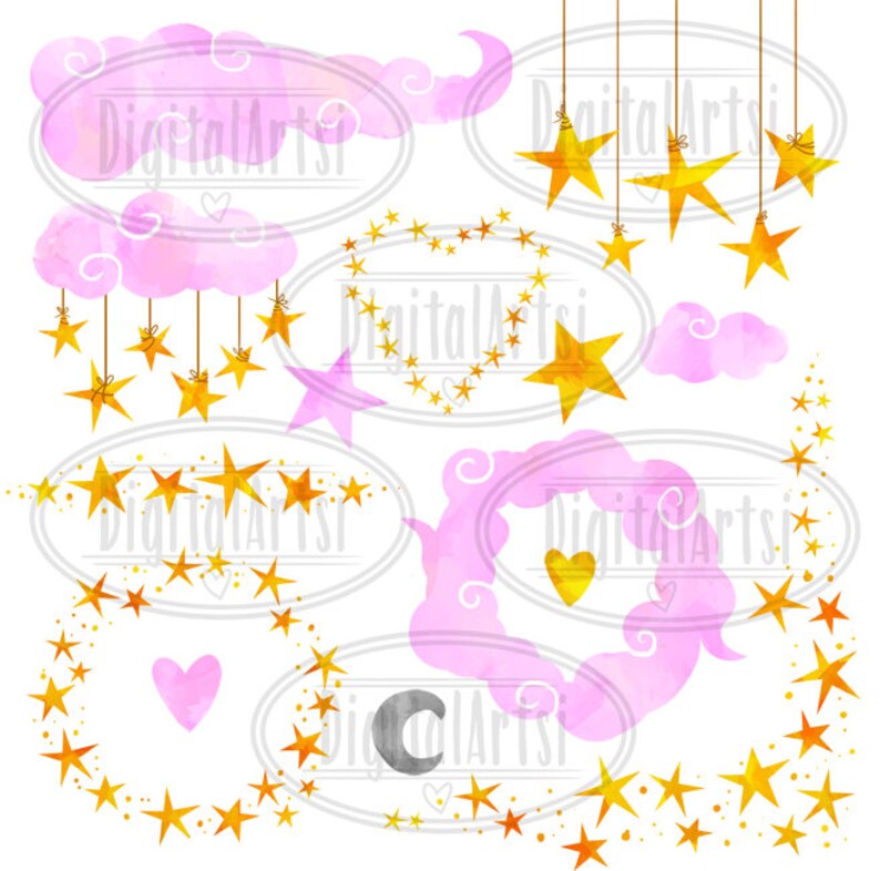 Watercolor Pink Stars and Clouds Clipart Star Borders - Etsy