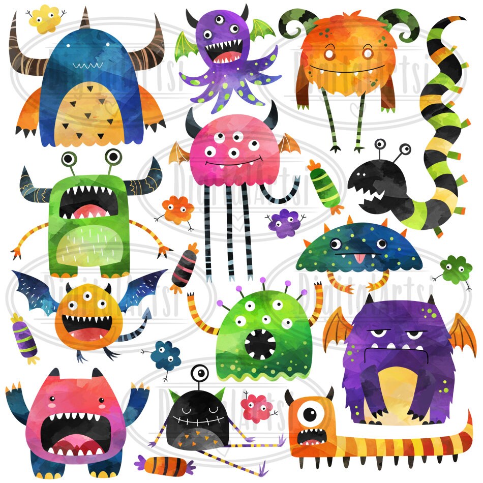 Watercolor Monsters Clipart Halloween Clipart Instant - Etsy