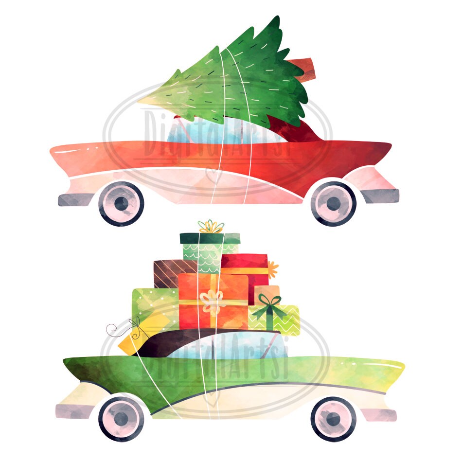 Watercolor Christmas Cars Clipart Christmas Clipart | Etsy