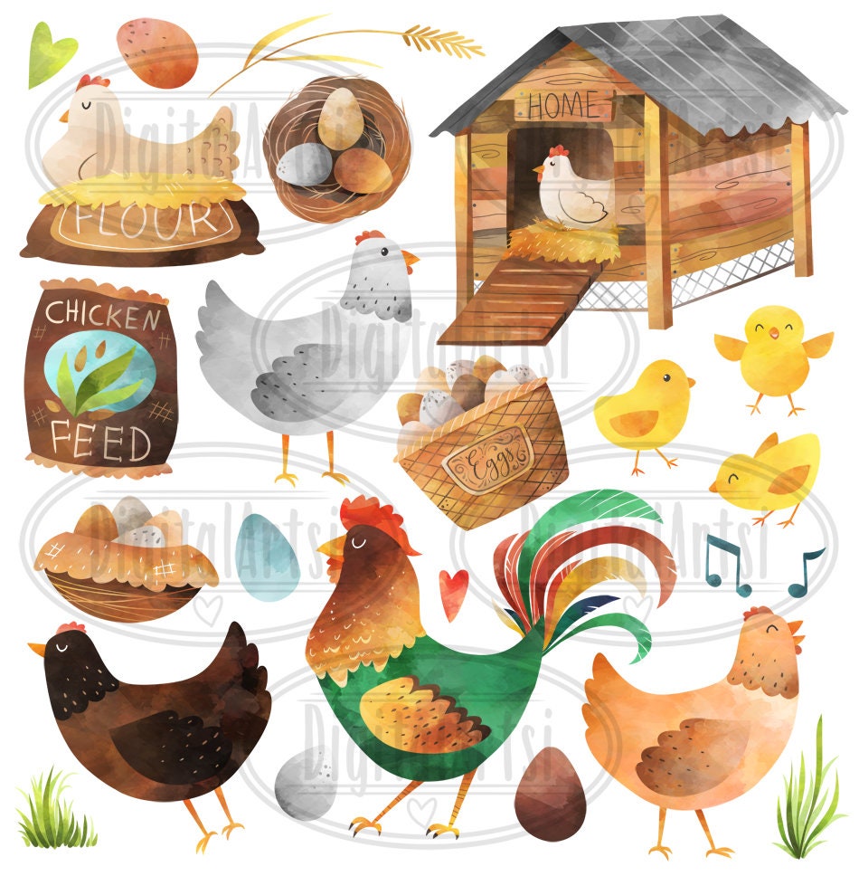 Watercolor Chicken Clipart: Farm Animal Graphics (instant Download ...