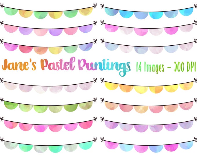 Bunting Clipart Bundle, Watercolor Pastel Flag PNG Digital Download ...