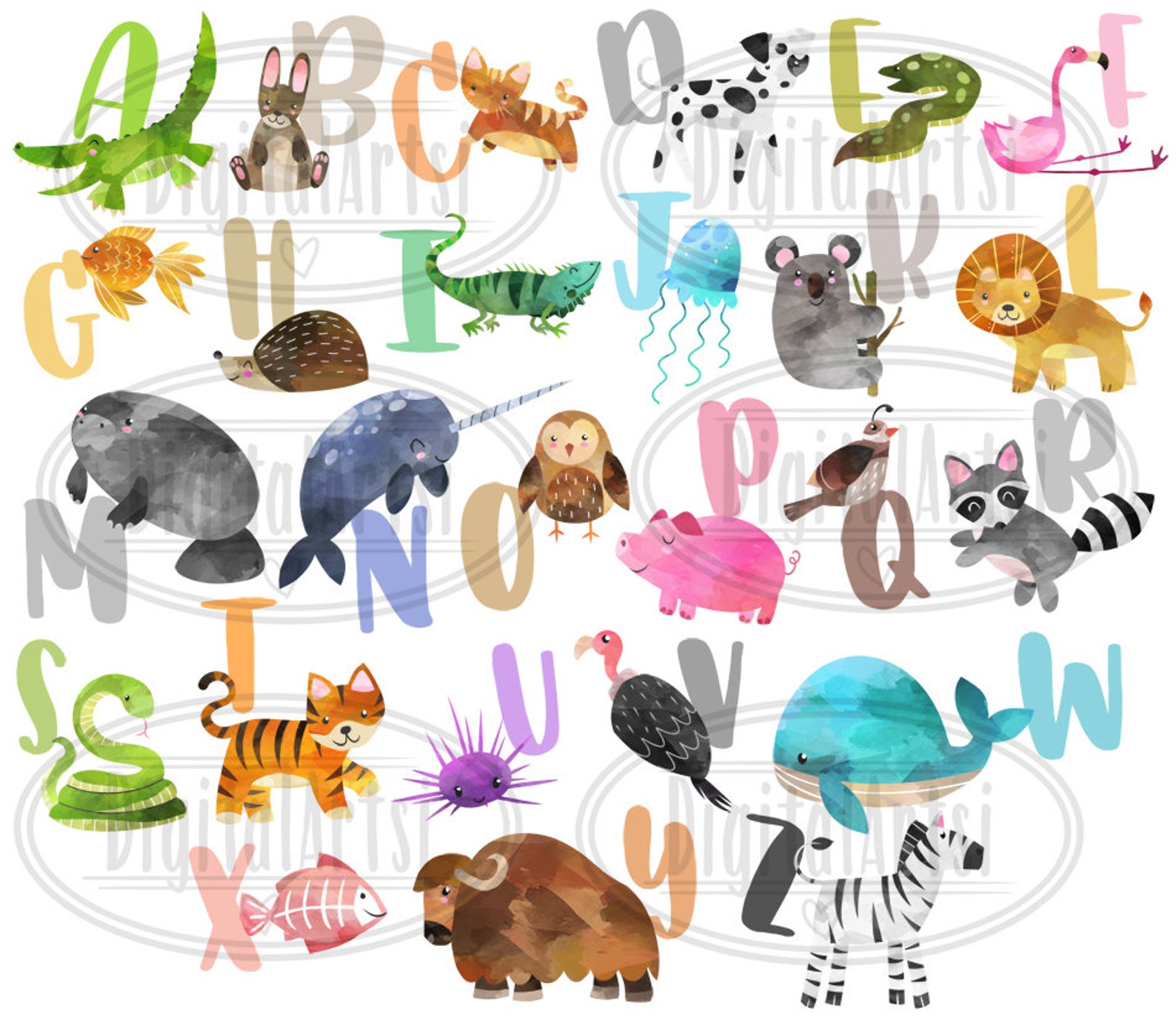 Watercolor Animals A-Z Clipart Animal Alphabet Clipart Instant Download ...