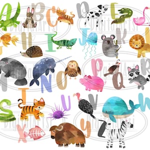 Watercolor Animals A-Z Clipart - Animal Alphabet Clipart - Instant ...