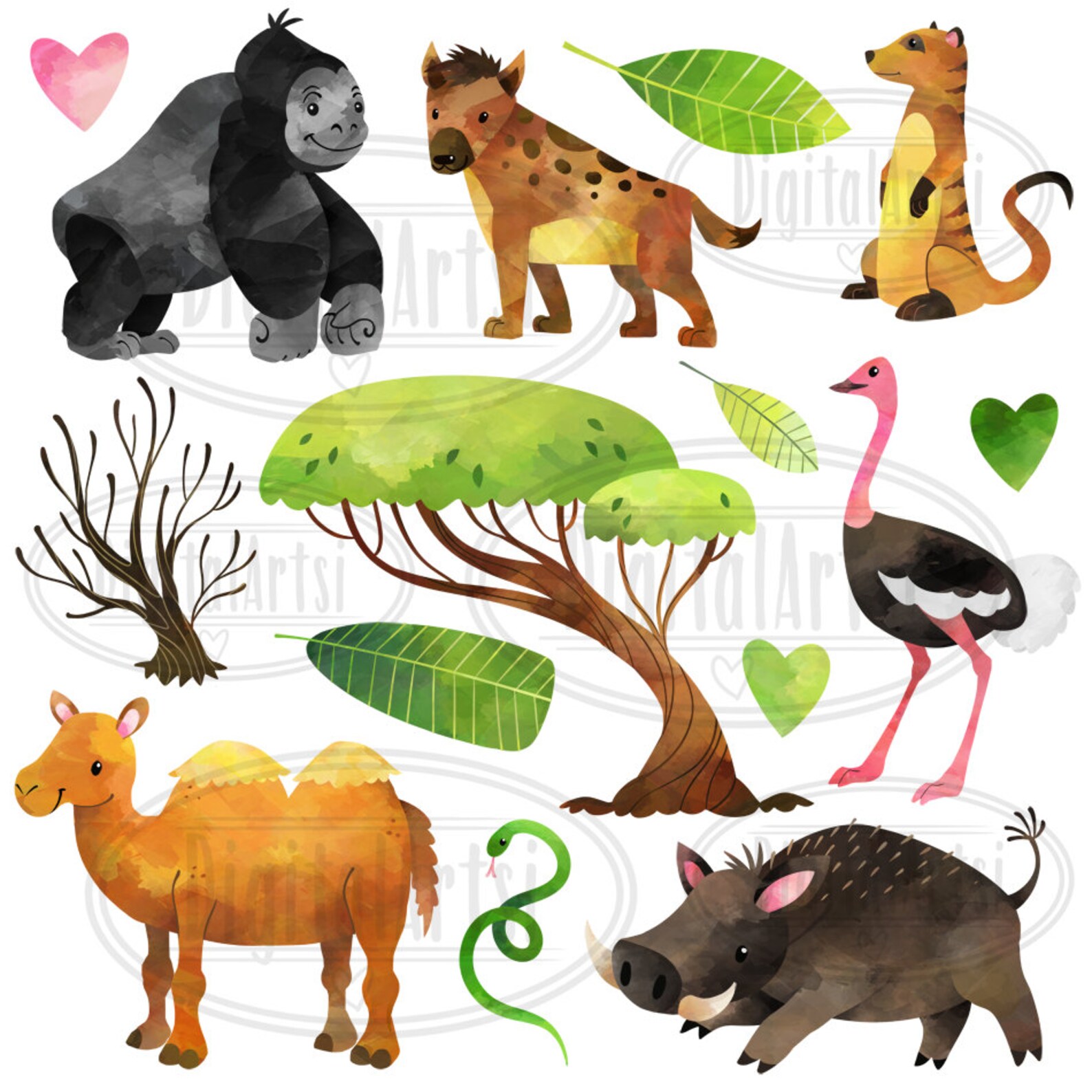 Watercolor Safari Animals Clipart - Wild Animals Download - Meerkat ...