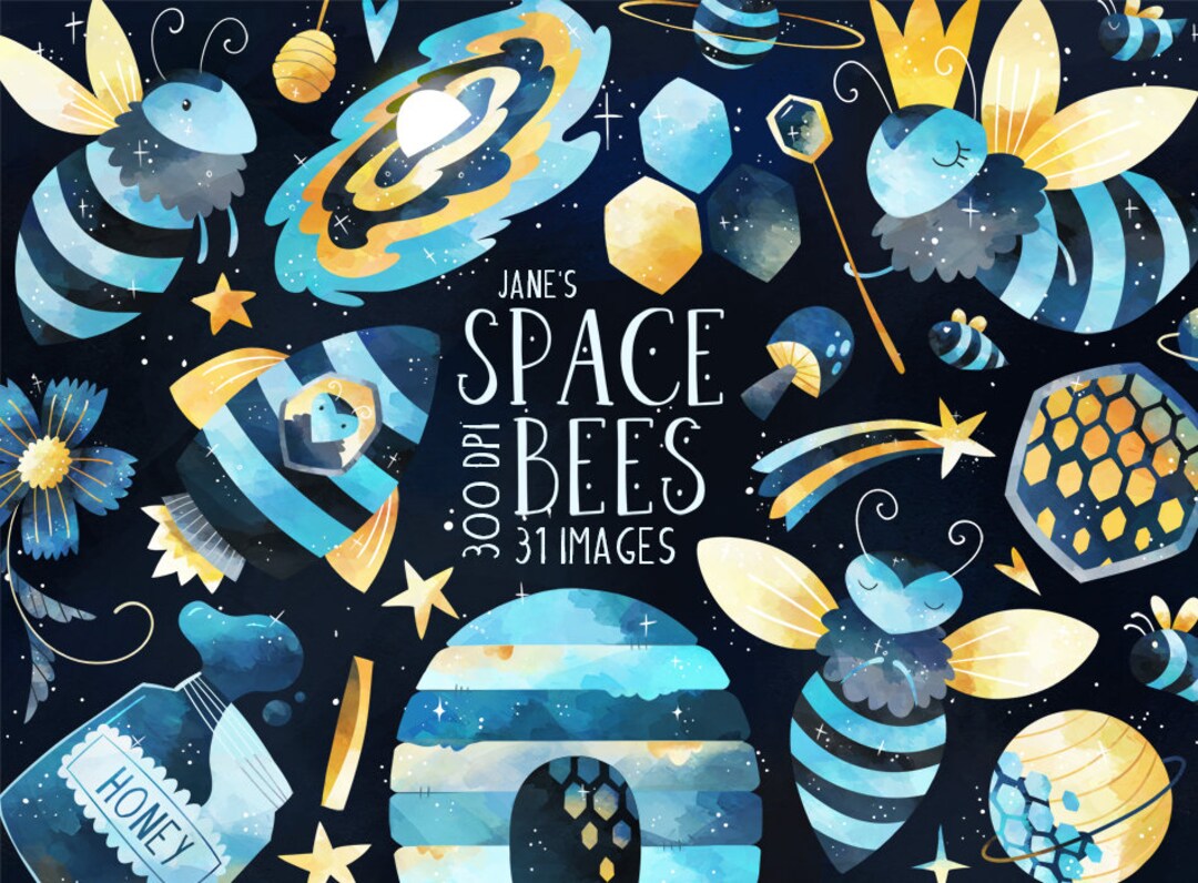 Watercolor Space Bees Clipart: Galaxy Beehive Rocket (instant Download ...