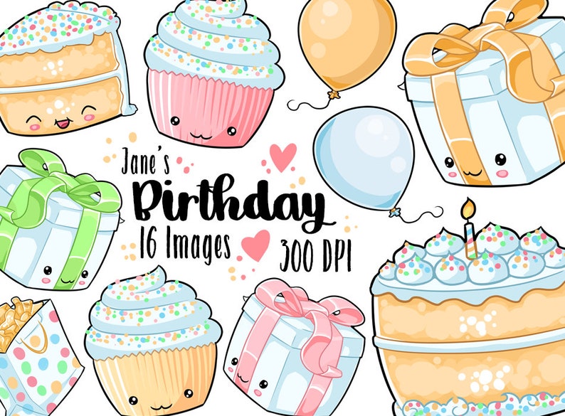 Kawaii Birthday Clipart: Rainbow Cake Graphics (digital Download) - Etsy