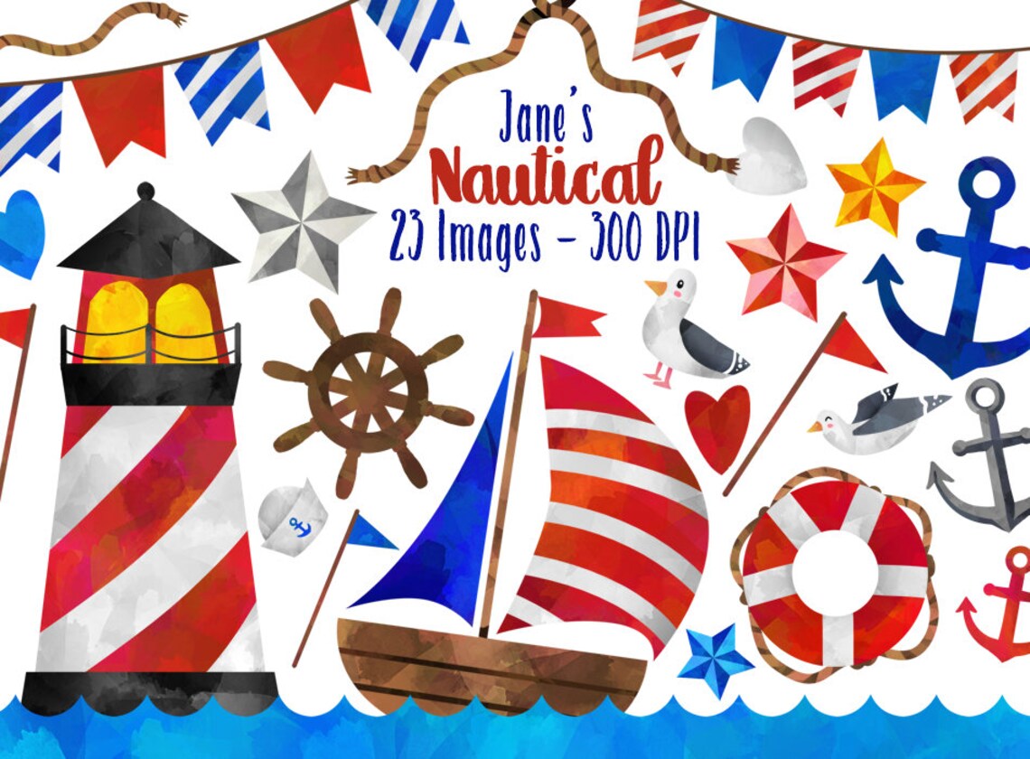 Watercolor Nautical Clipart: Sailing, Lighthouse, Anchors (digital ...