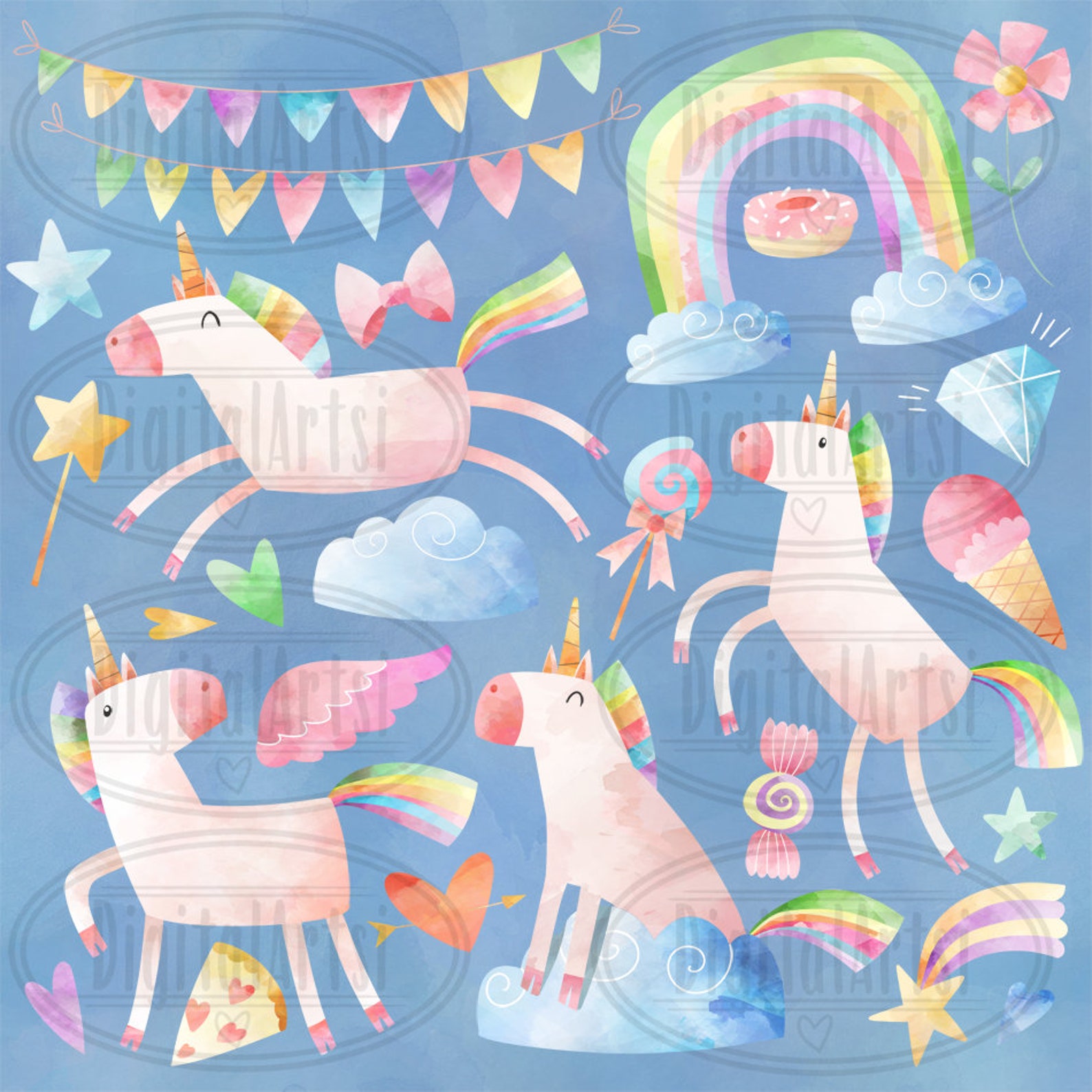 Watercolor Unicorns Clipart Rainbow Unicorns Download - Etsy