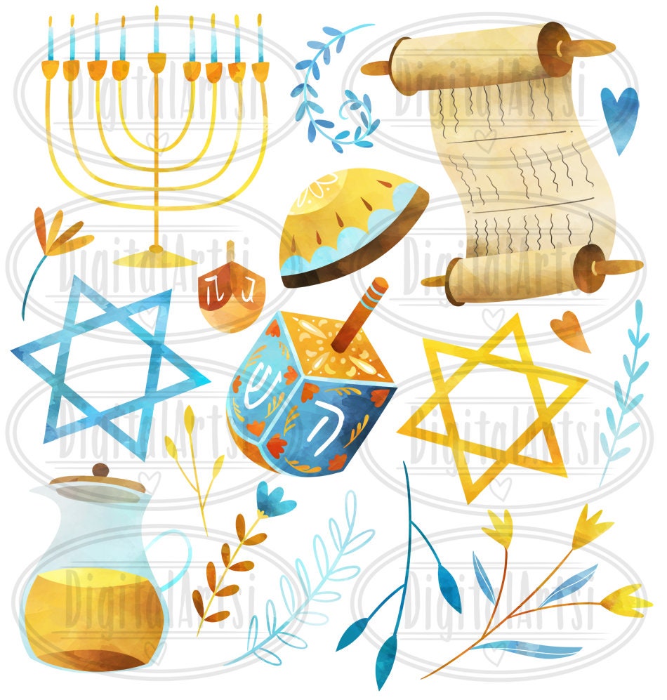 Watercolor Hanukkah Clipart: Menorah, Dreidel, Star of David (instant ...
