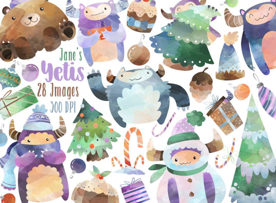Watercolor Christmas Yeti Clipart: Winter Holiday PNG Images (digital ...