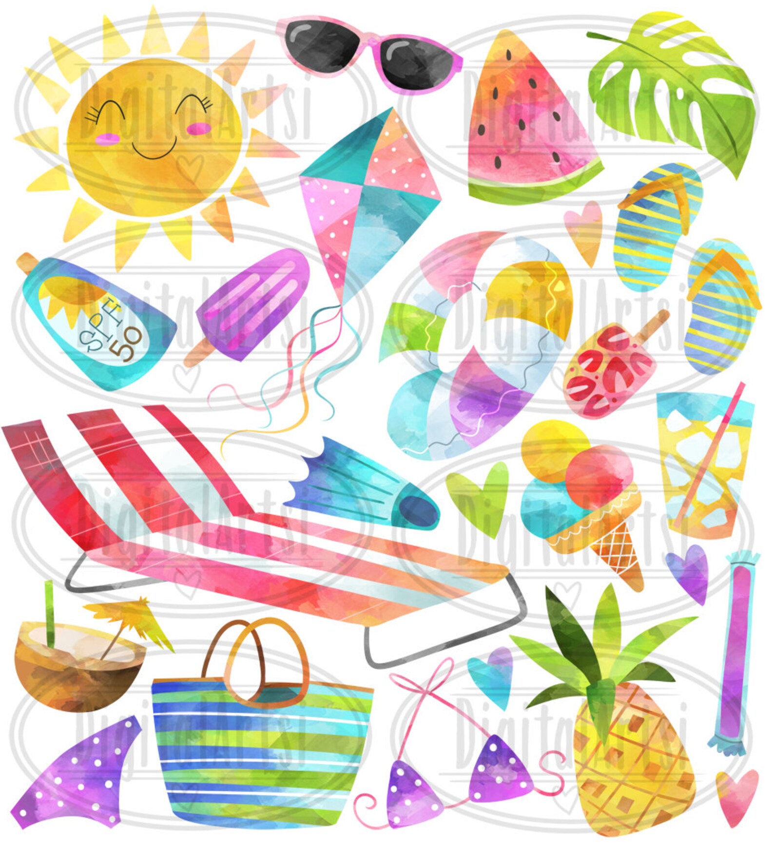 Watercolor Summer Clipart: Beach Vacation Graphics (instant Download ...