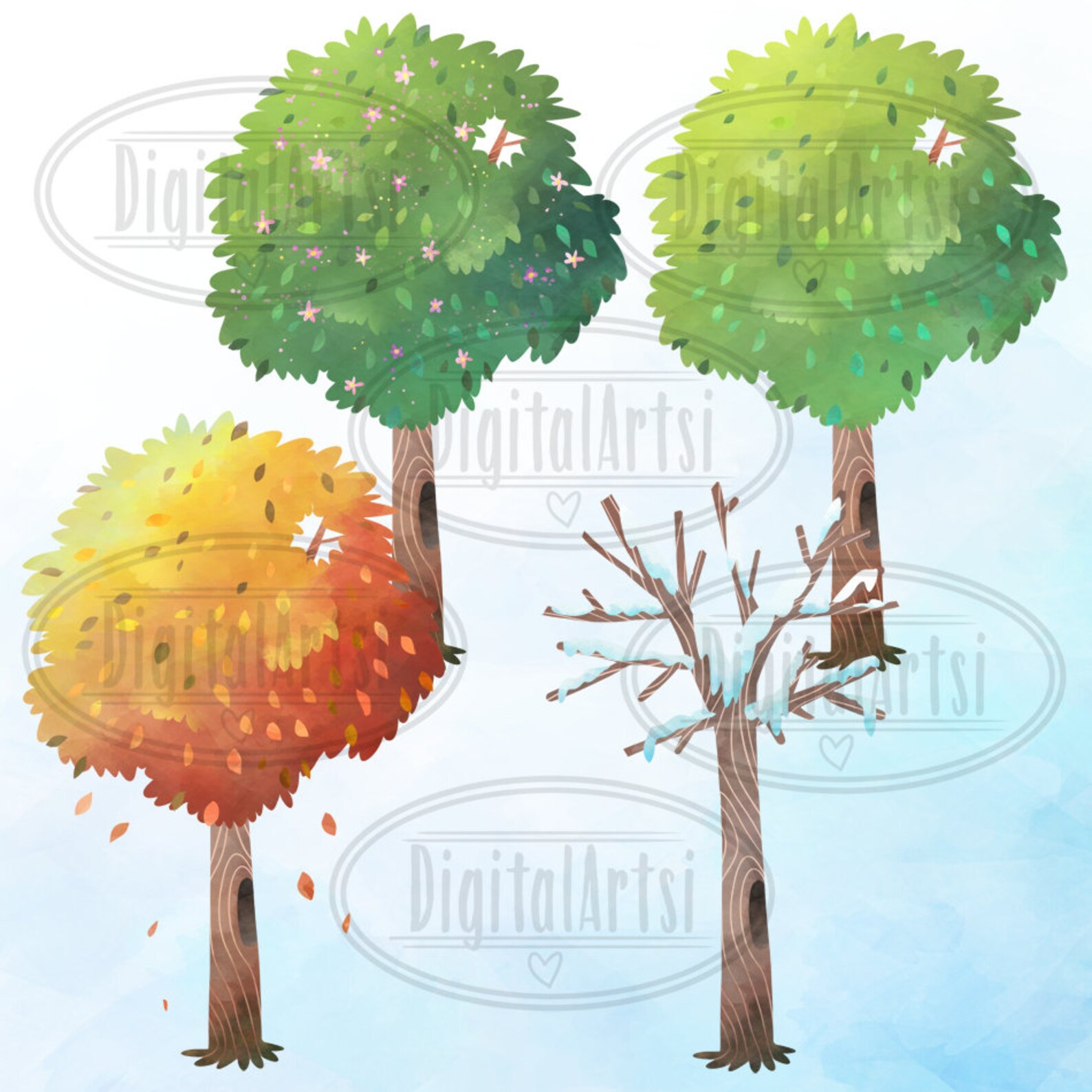 Watercolor Seasons Tree Clipart: Spring, Summer, Fall, Winter (digital ...