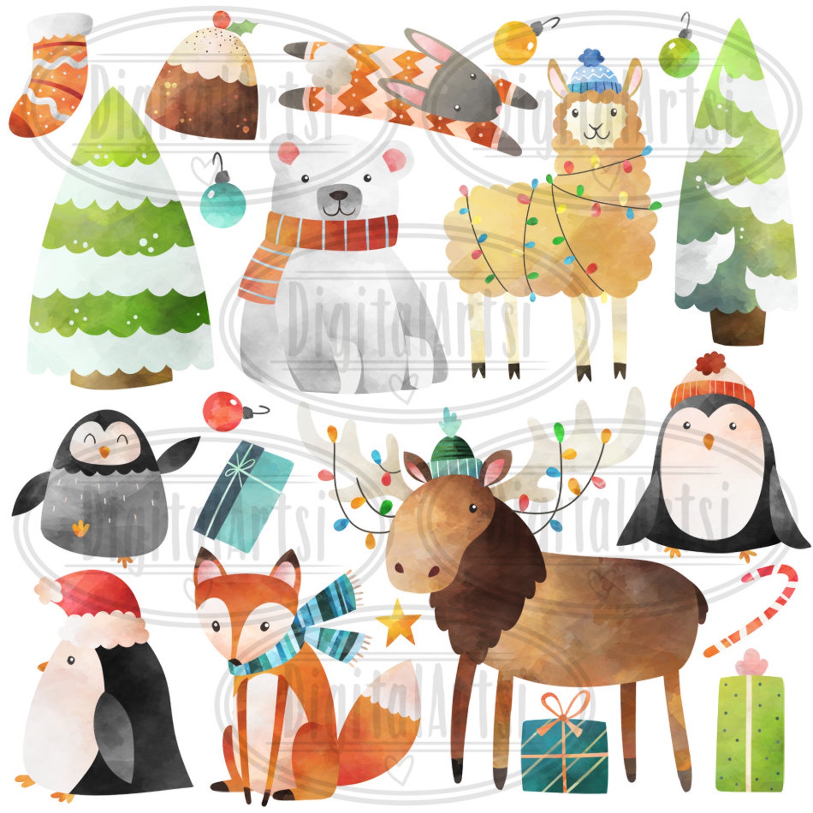 Watercolor Christmas Animals Clipart Christmas Clipart - Etsy