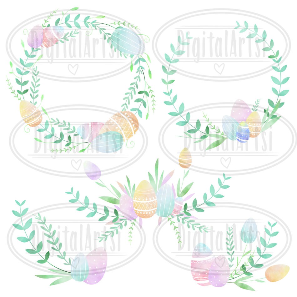 Watercolor Easter Clipart: Floral Eggs, Wreath & Borders (digital ...