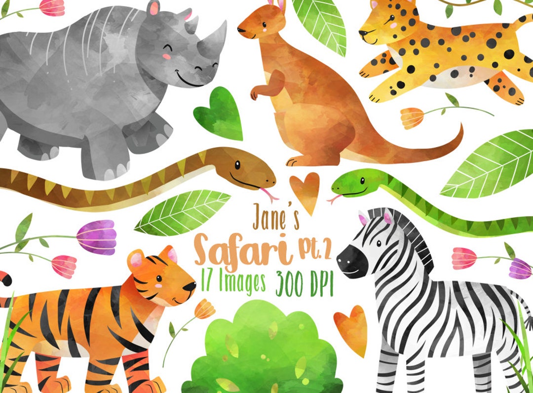 Watercolor Safari Animals Clipart - Wild Animals Download - Instant ...