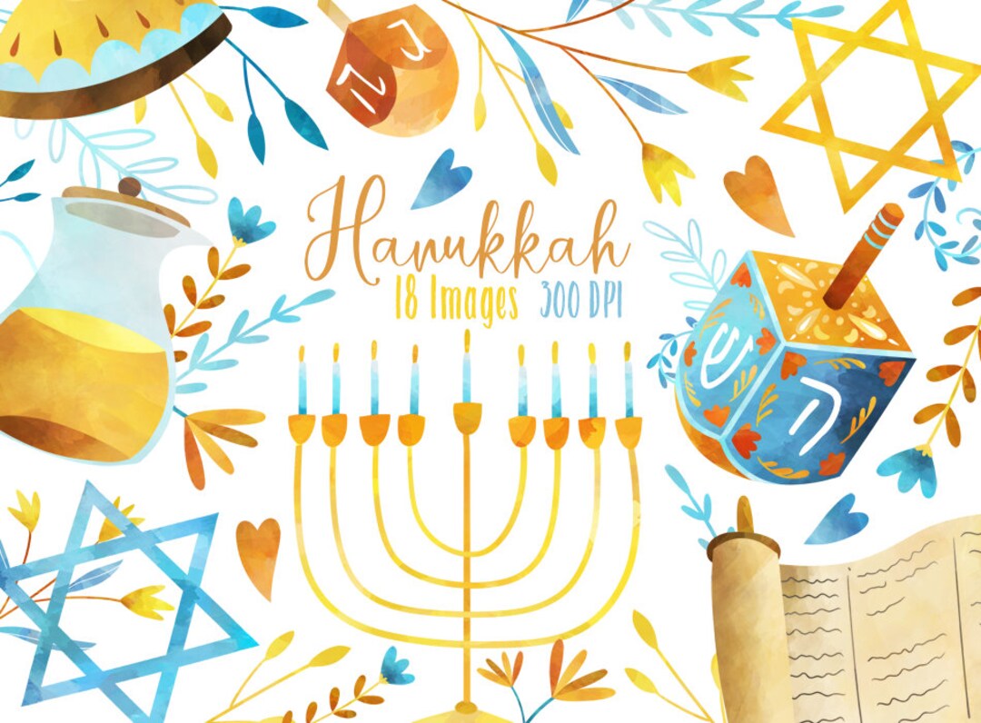 Watercolor Hanukkah Clipart: Menorah, Dreidel, Star of David (instant ...