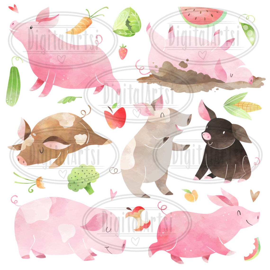 Watercolor Pigs Clipart Cute Pigs Download Instant | Etsy