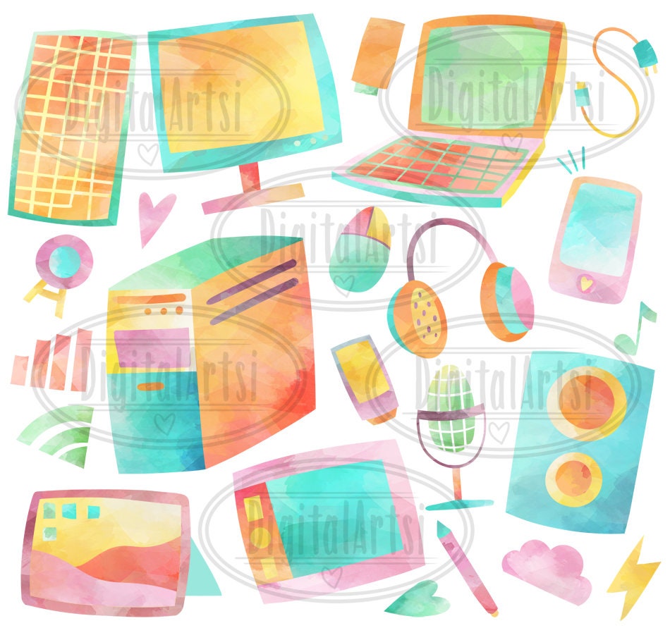 Watercolor Technology Clipart - Instant Download - Computer - Laptop ...