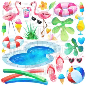 Watercolor Pool Party Clipart: Summer Beach Graphics (instant Download ...