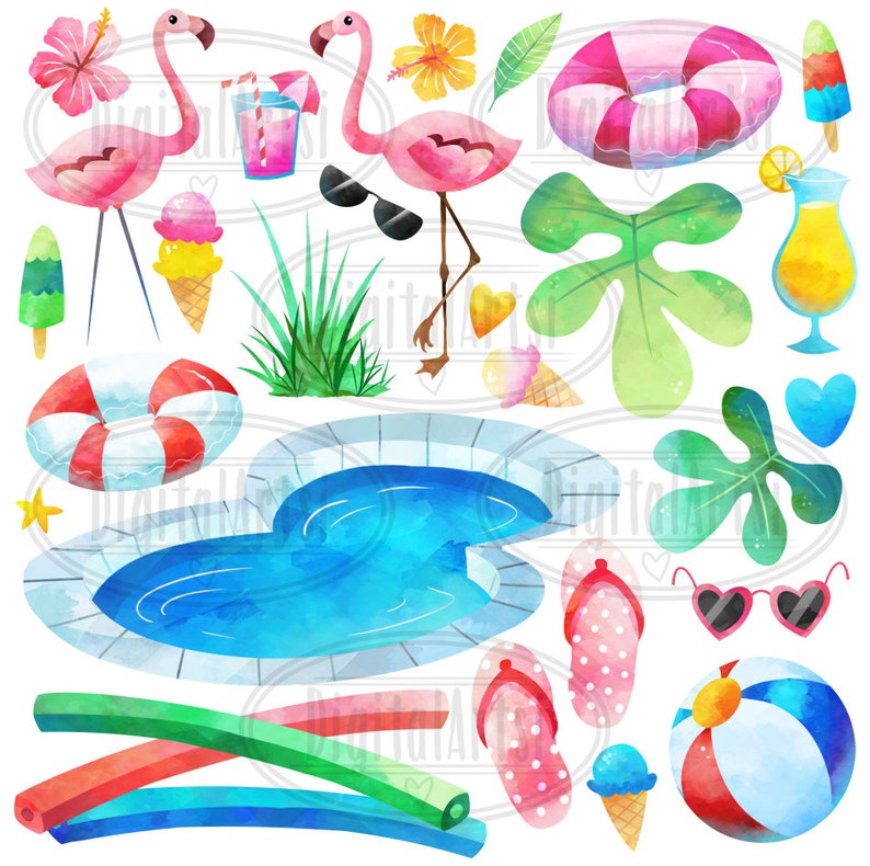 Watercolor Pool Party Clipart Summer Clipart Instant - Etsy