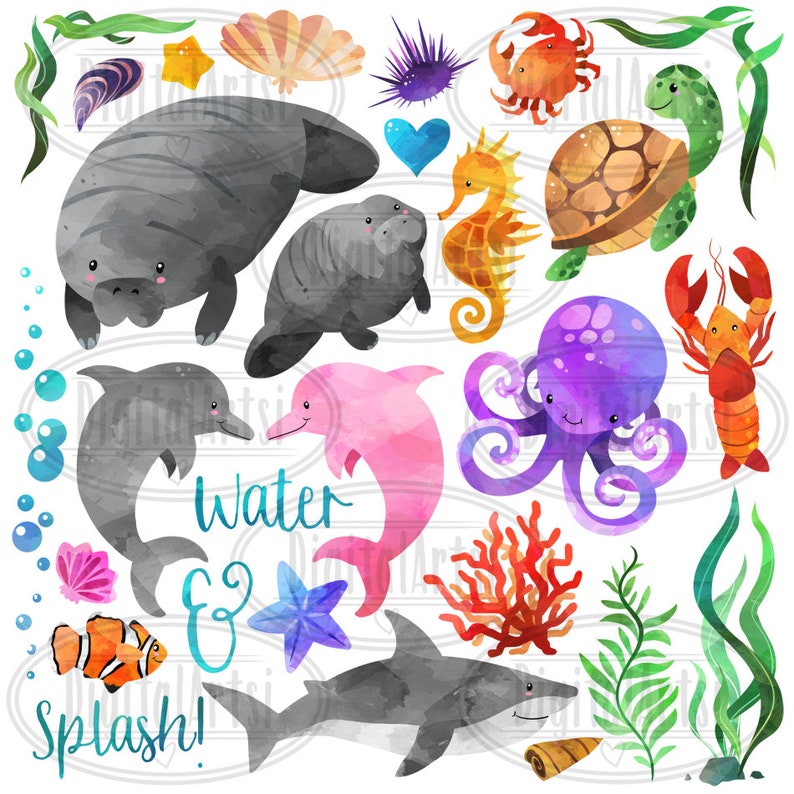 Watercolor Ocean Life Clipart Sea Animals Download Instant | Etsy