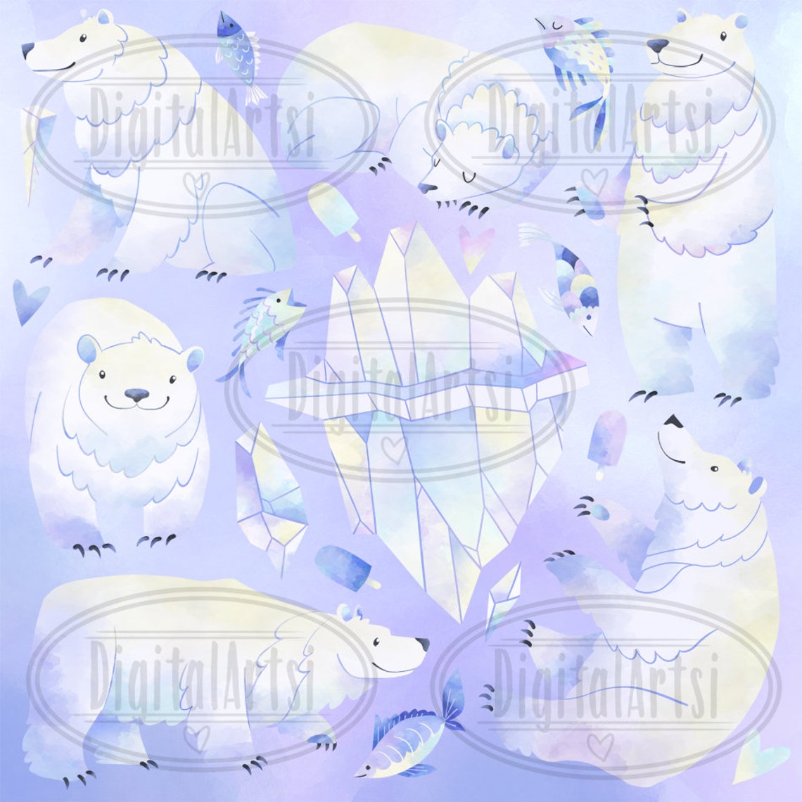 Watercolor Polar Bears Clipart Arctic Animals Download - Etsy