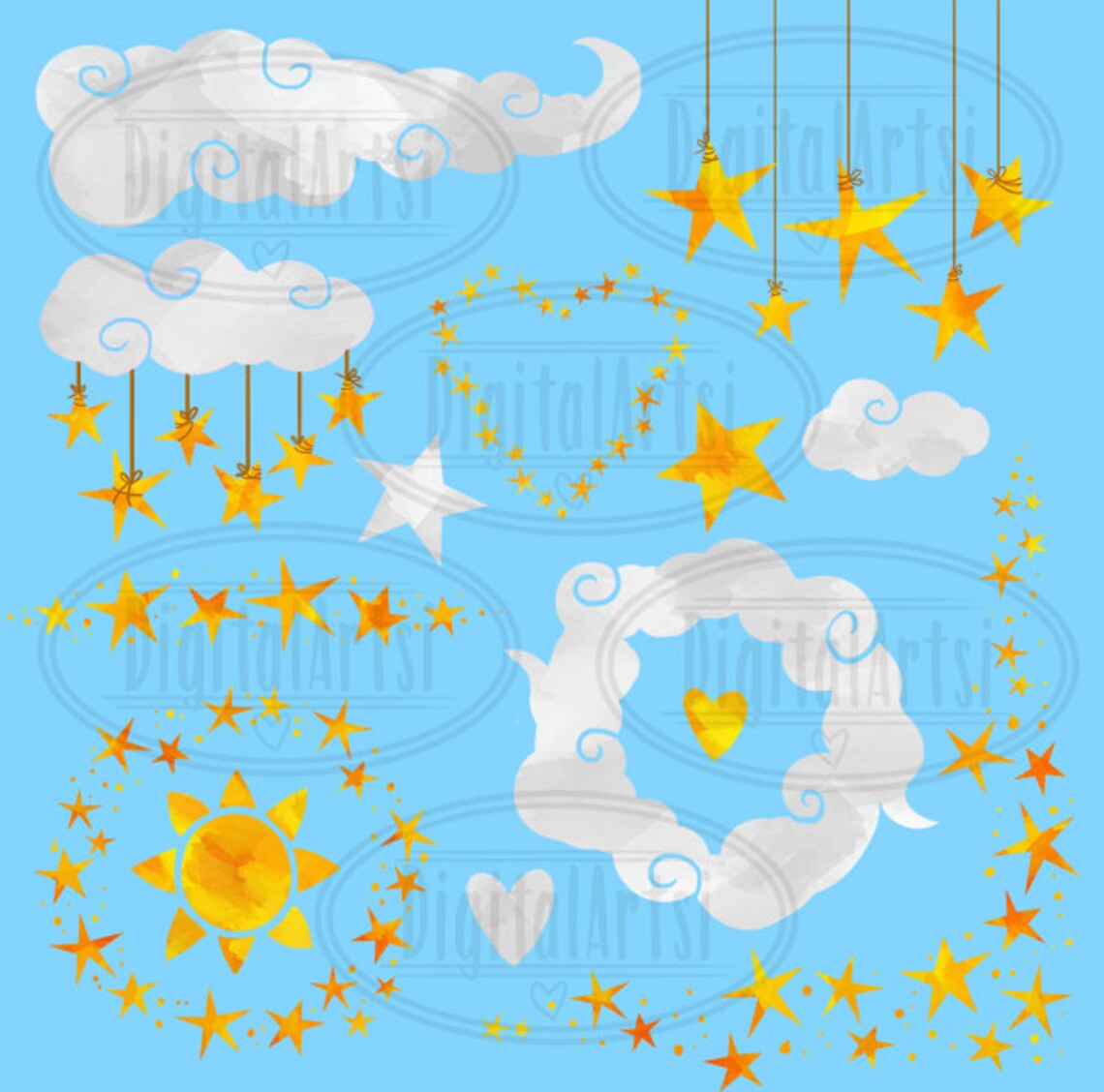 Watercolor Stars and Clouds Clipart Star Borders Download - Etsy