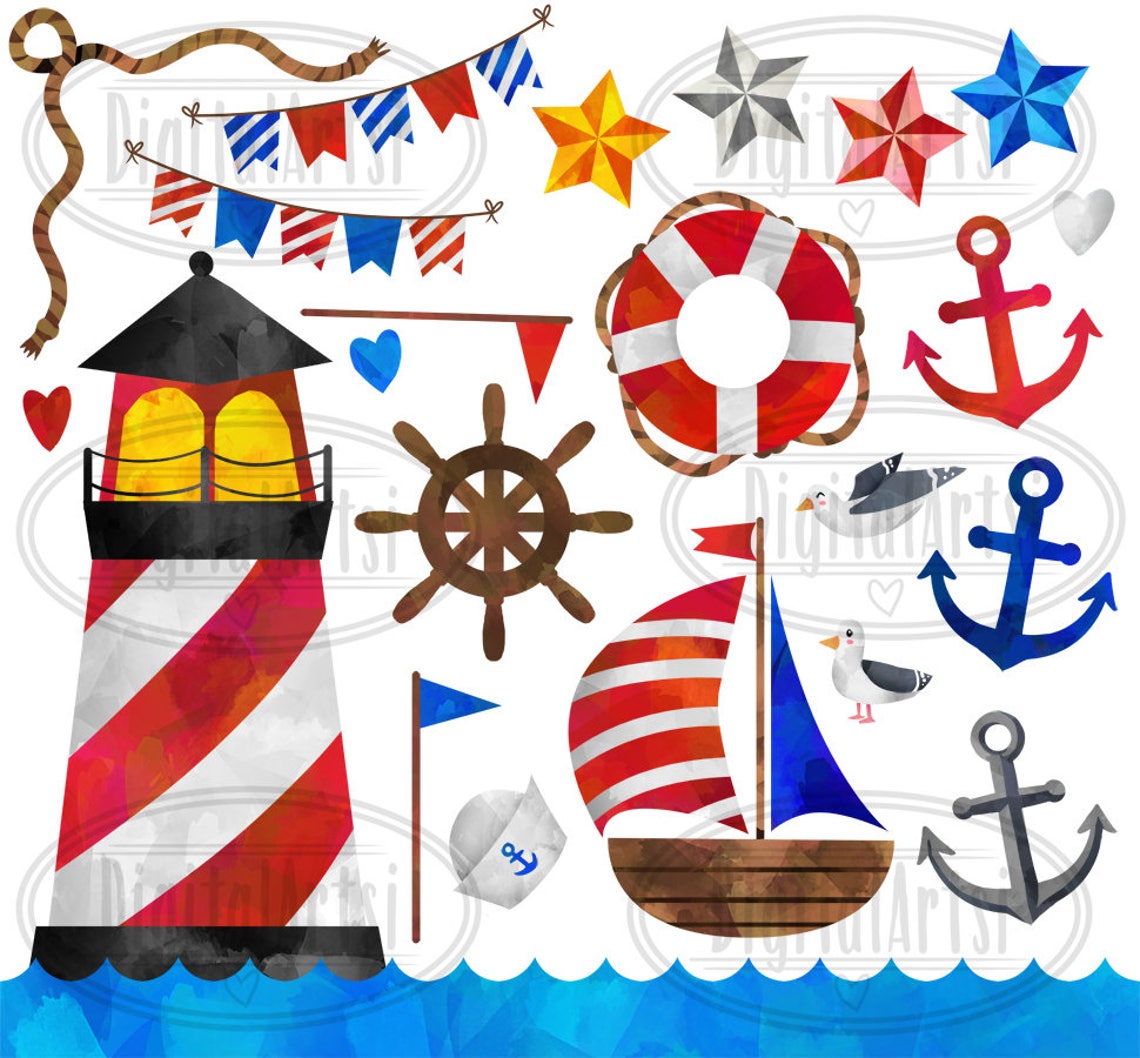 Watercolor Nautical Clipart: Sailing, Lighthouse, Anchors (digital ...