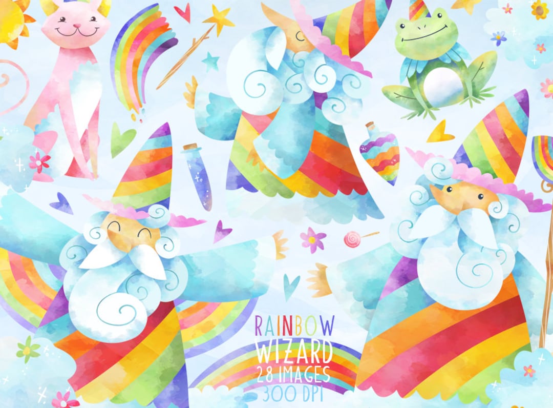 Watercolor Rainbow Wizard Clipart: Magic Fantasy Graphics (digital ...