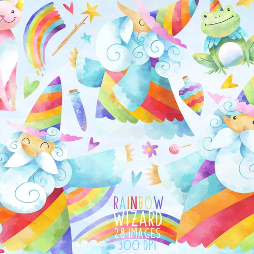 Watercolor Rainbow Wizard Clipart Wizard Download Instant - Etsy