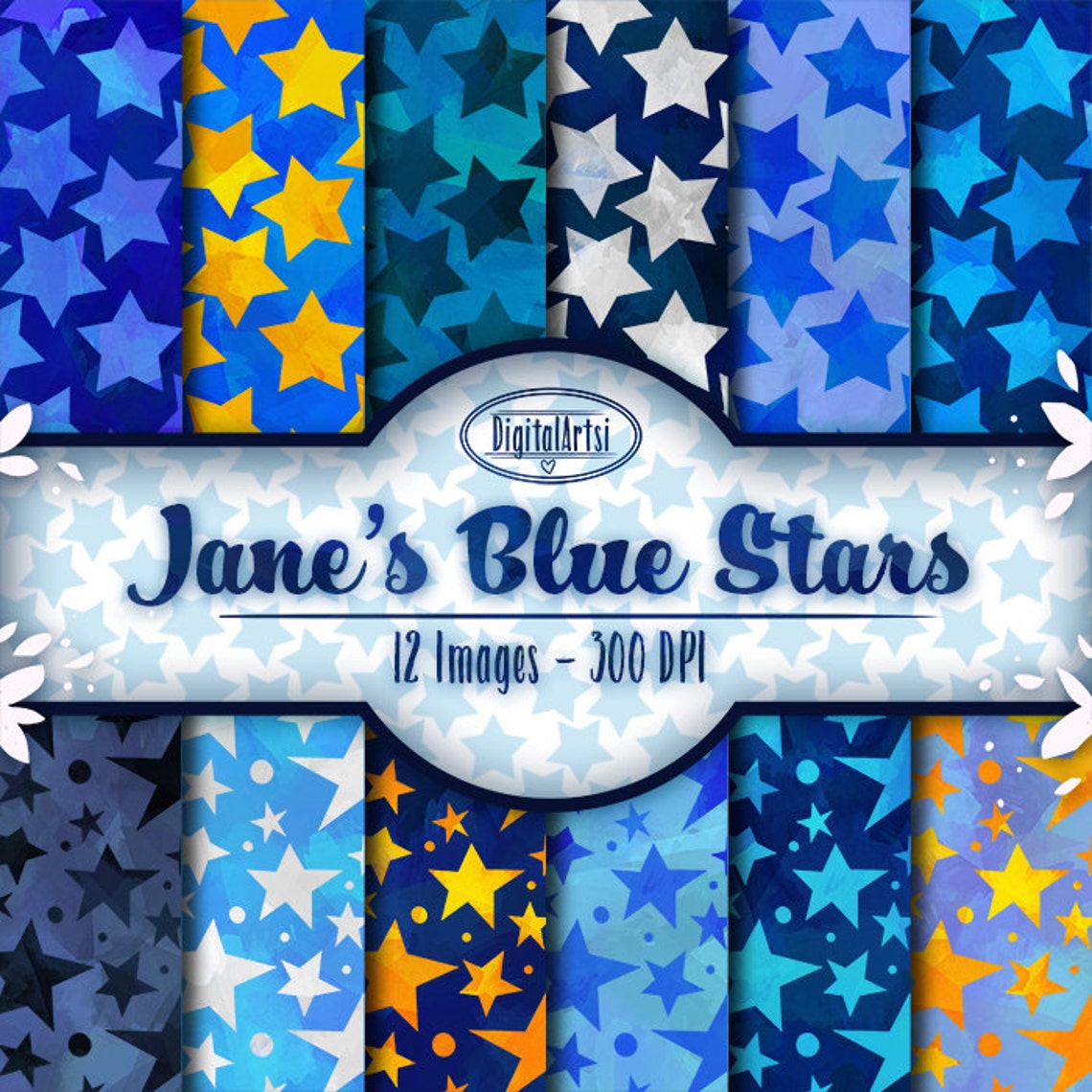 Watercolor Stars Digital Paper Download Blue and Gold Stars | Etsy