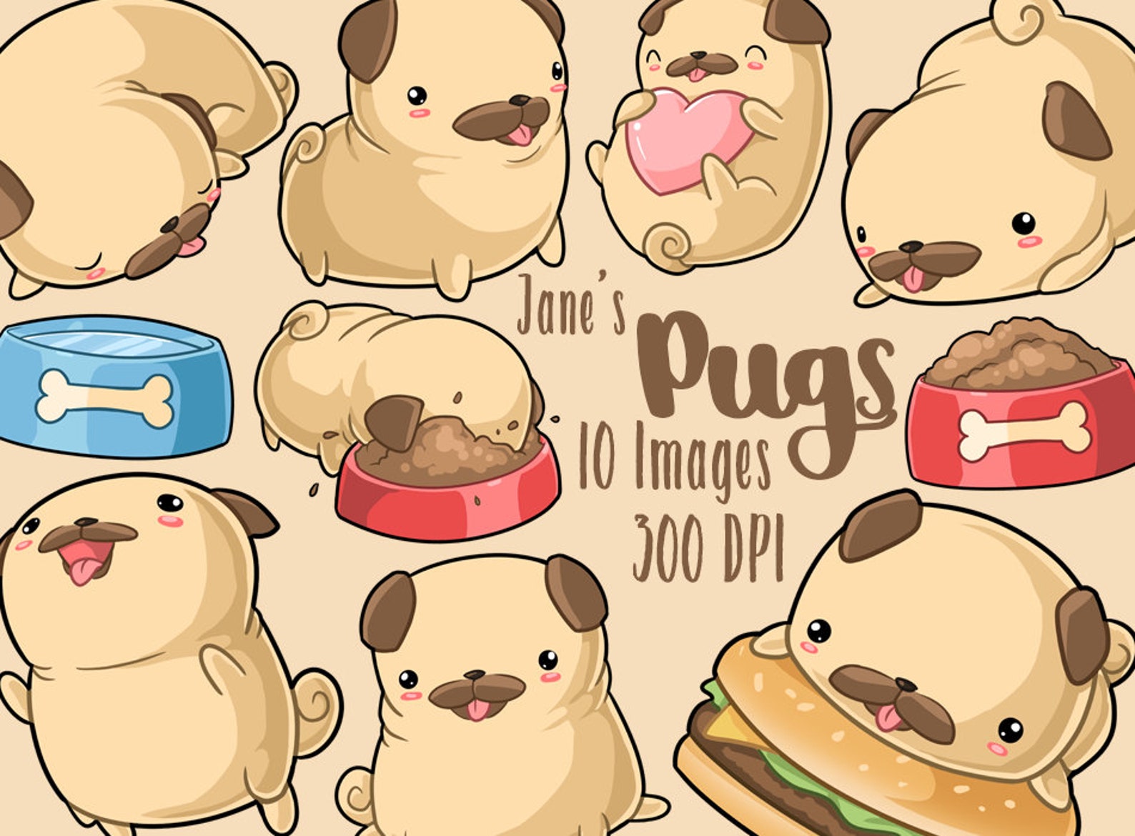 Kawaii Pugs Clipart - Kawaii Download - Instant Download - Pug - Cute ...