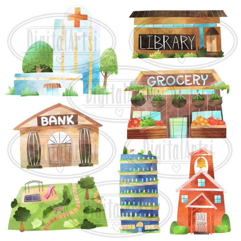Watercolor Community Buildings Clipart: School, Bank, Park (digital ...