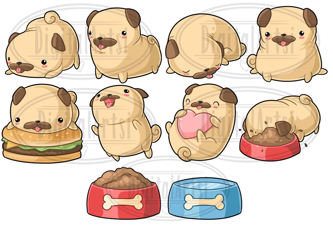 Kawaii Pugs Clipart - Kawaii Download - Instant Download - Pug - Cute ...