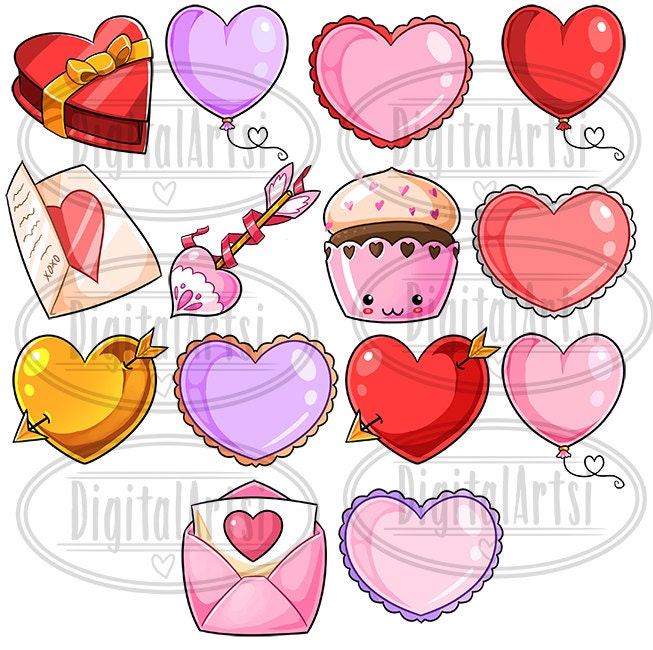Kawaii Valentines Day Clipart: Heart, Cupcake, Arrow (commercial Use ...