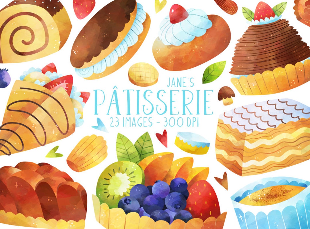 Watercolor French Pastries Clipart: Patisserie Graphics (digital ...