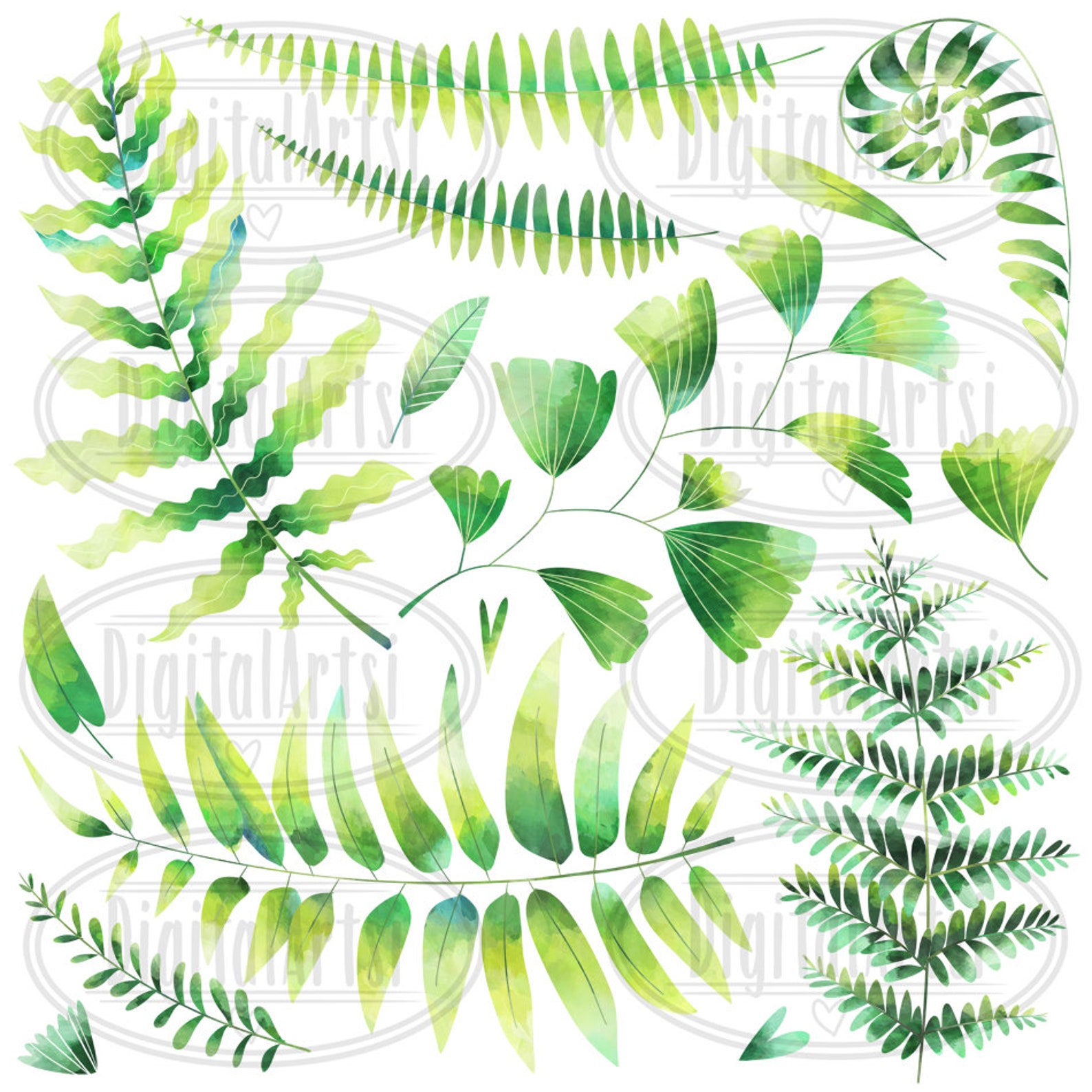 Watercolor Ferns Clipart: Green Leaves Illustration (digital Download ...