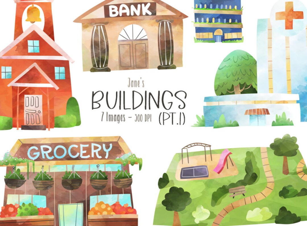Watercolor Community Buildings Clipart: School, Bank, Park (digital ...