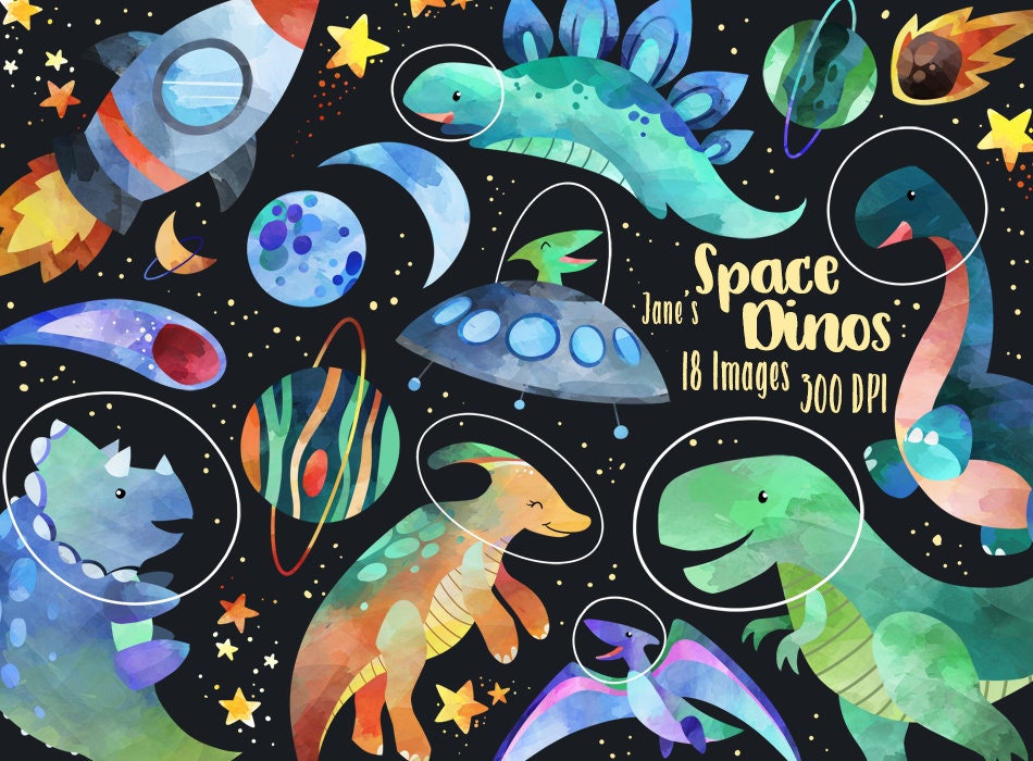 Watercolor Space Dinosaurs Clipart Space Dino Download - Etsy