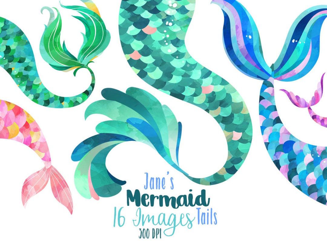 Watercolor Mermaid Tails Clipart: 16 PNG Graphics (commercial Use, Hand ...