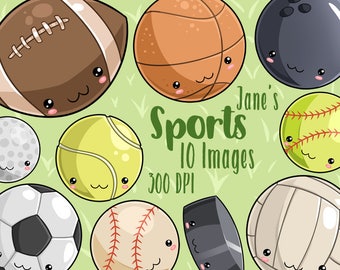 Kawaii Sports Ball Clipart Bundle - Cute Cartoon Ball Clipart - Instant ...