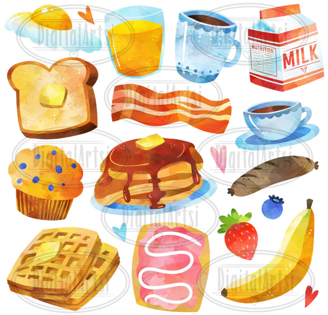 Watercolor Breakfast Clipart Morning Download Instant - Etsy