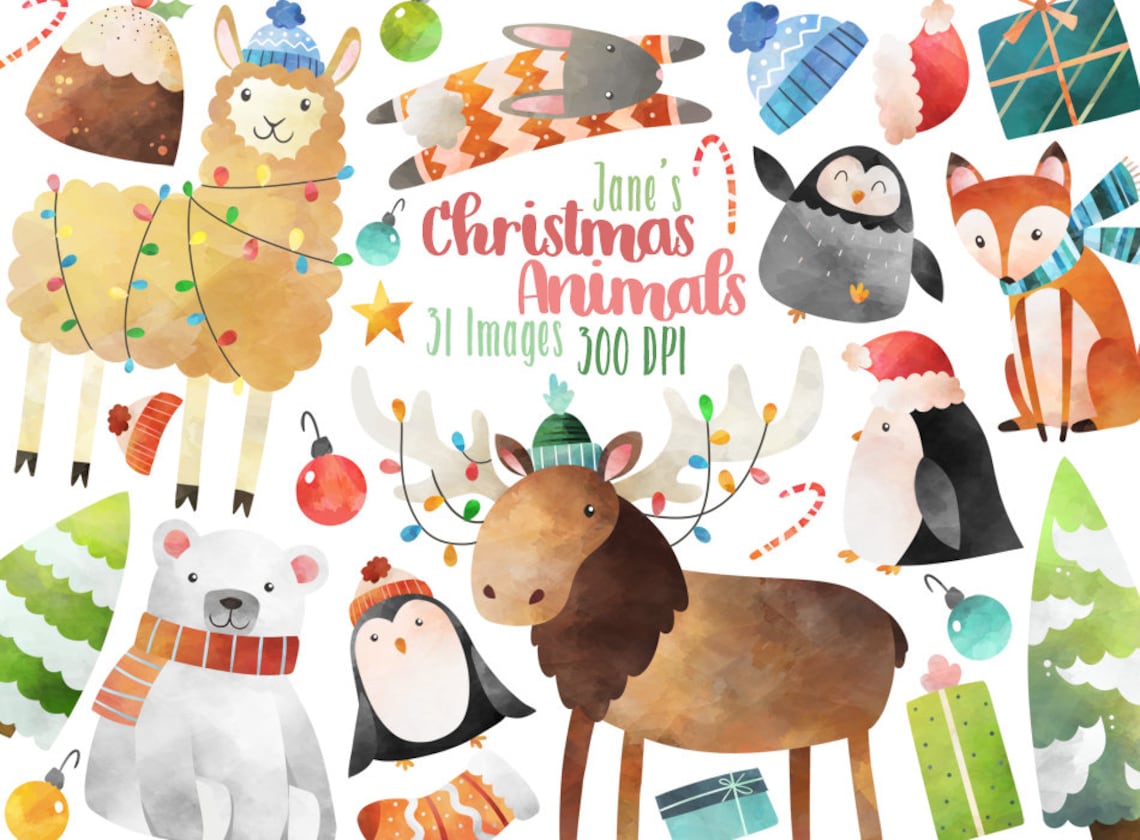 Watercolor Christmas Animals Clipart Christmas Clipart - Etsy