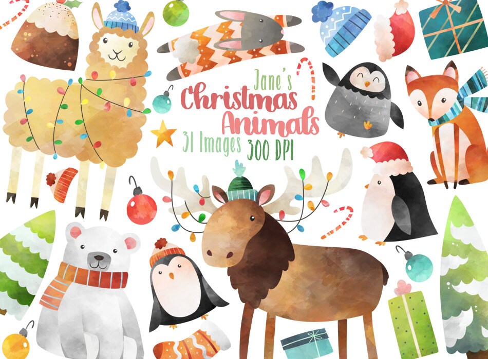 Watercolor Christmas Animals Clipart Christmas Clipart - Etsy