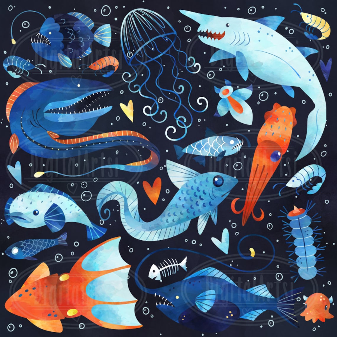 Watercolor Deep Sea Creatures Clipart: Ocean Animals (digital Download ...