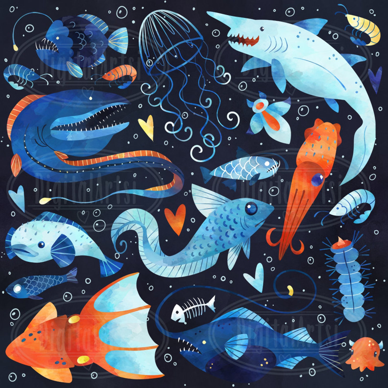 Watercolor Deep Sea Creatures Clipart: Ocean Animals (digital Download ...