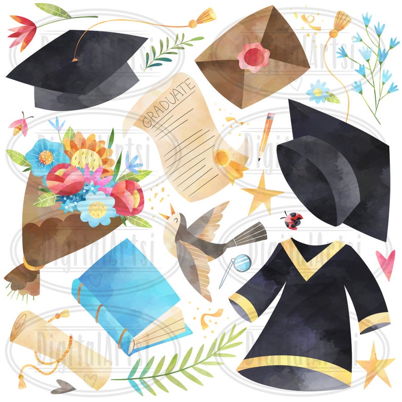 Watercolor Graduation Clipart Graduation Download Instant - Etsy