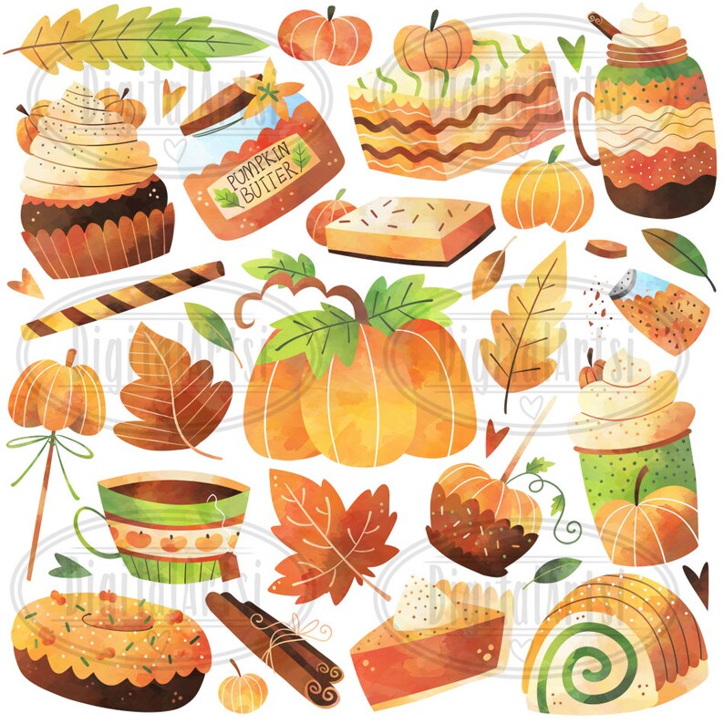 Watercolor Pumpkin Spice Clipart: Fall Pastries, Leaves (instant ...