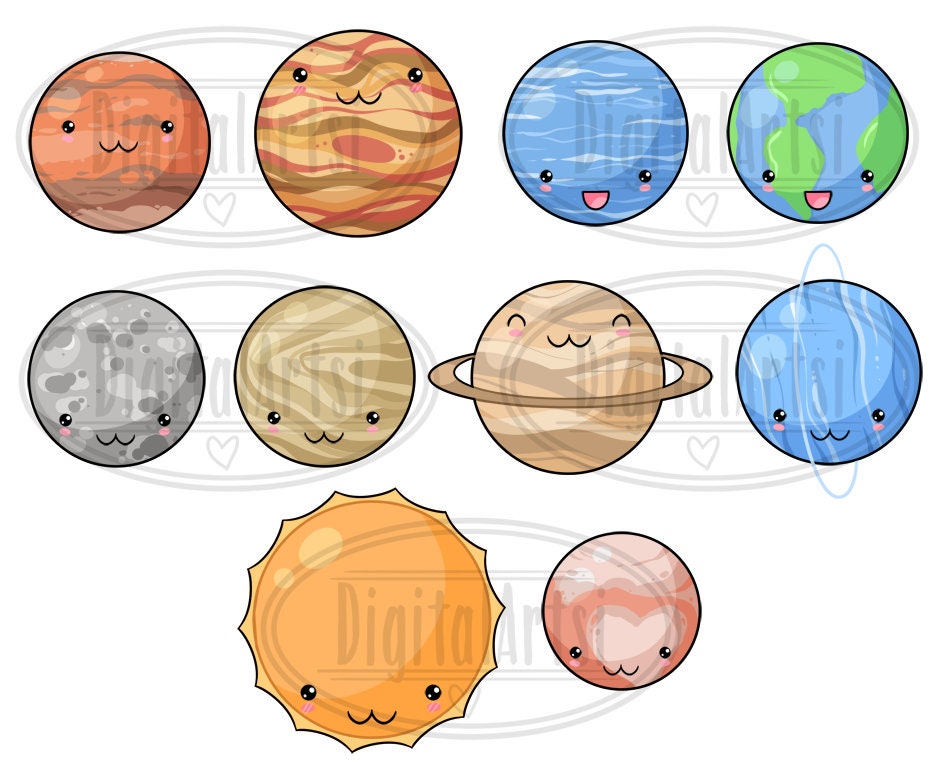 Kawaii Planets Clipart Cute Solar System Download Instant | Etsy