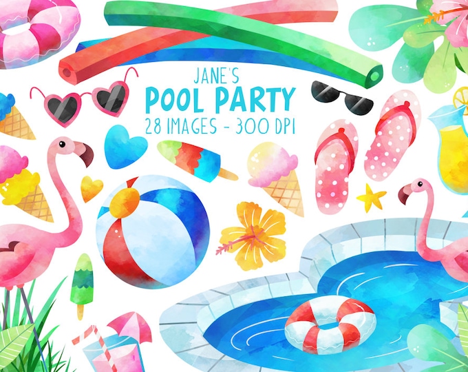 Watercolor Pool Party Clipart Summer Clipart Instant - Etsy